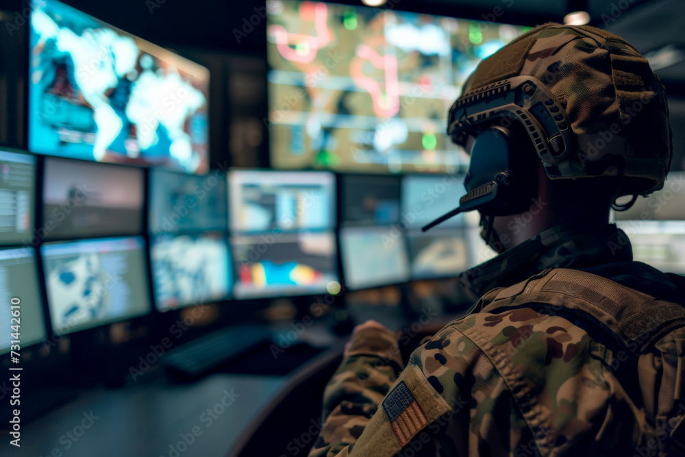 Soldier Command operating at control panel in monitoring war room on war base. Generative AI ...