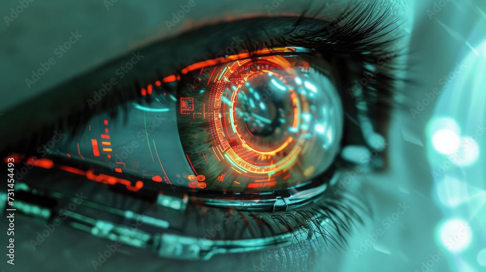 Zoomed-in image of a robotic eye with advanced sensors, mimicking human ...