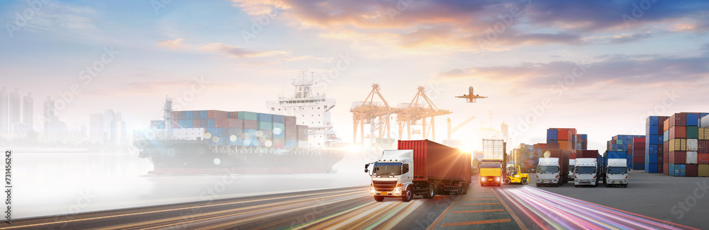 Panorama view Container Cargo freight ship with working crane bridge in ...