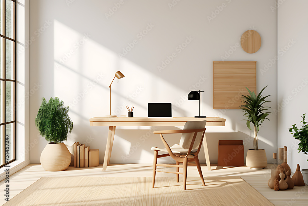 Minimalist study room with white walls, laptop, study lamp, table, chairs and flower vase ...