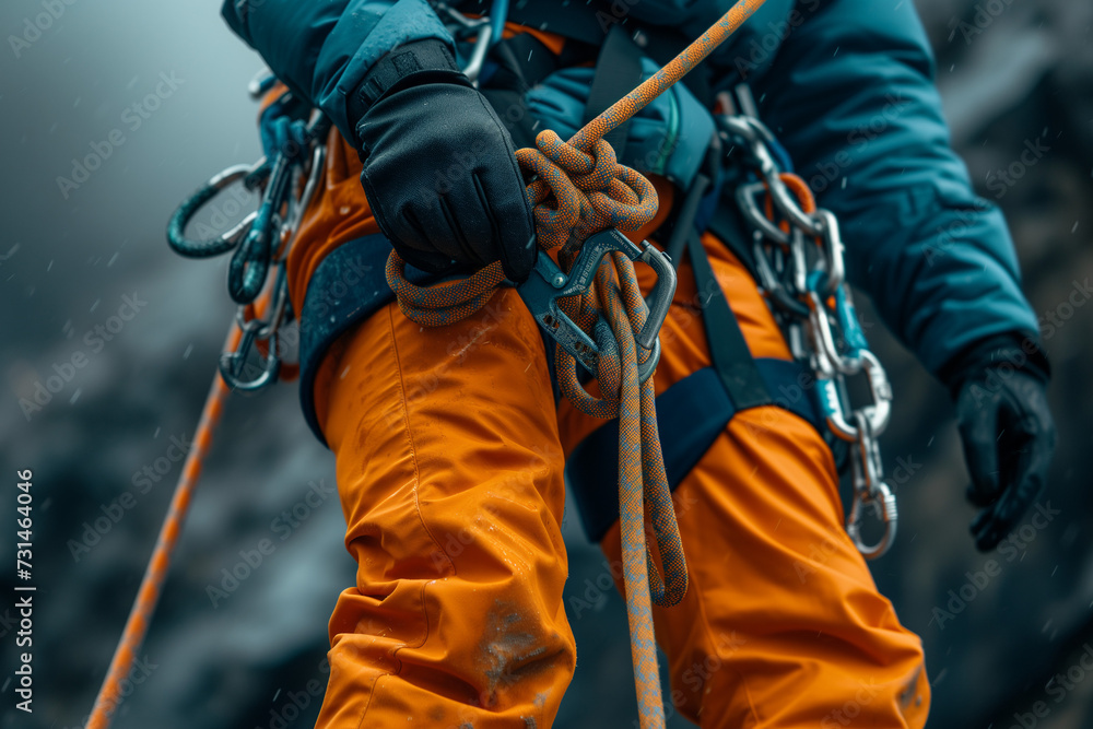 A worker wearing a safety harness with fall arrest device hooks ...