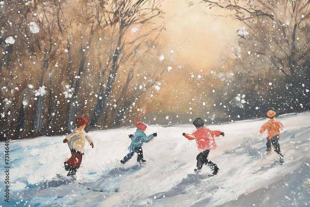 Impressionist Acrylic Painting of kids playing in the snow wearing ...