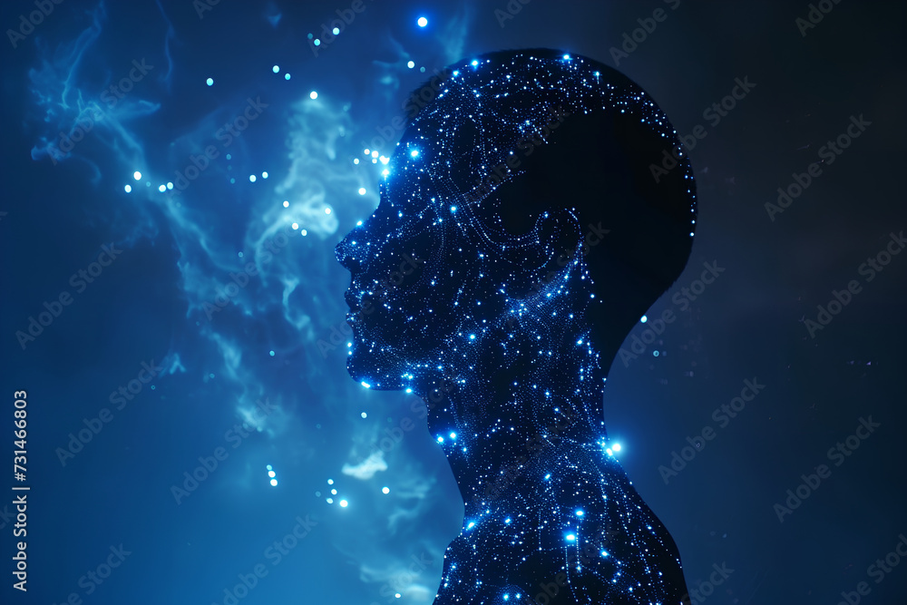 human silhouette with bioluminescent circuitry integrated into the skin ...