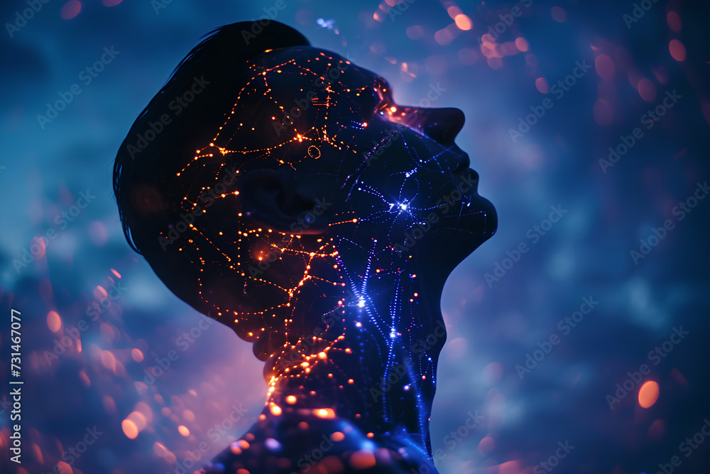 human silhouette with bioluminescent circuitry integrated into the skin ...