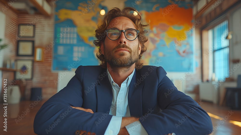 Teacher sitting alone in classroom - world map on the wall - history ...