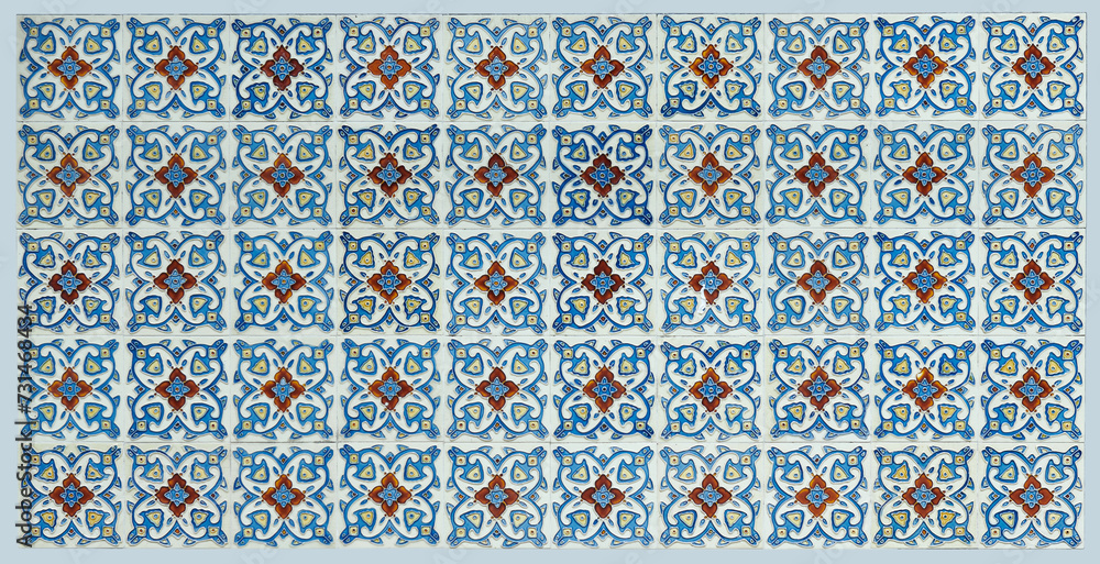 Rows of antique Nyonya Tiles with red flowers with light blue ...