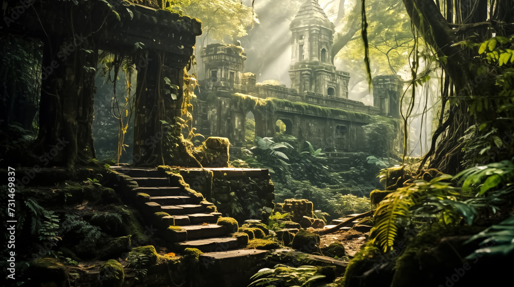 Ancient ruins immersed in lush jungle, remnants of a forgotten c Stock ...