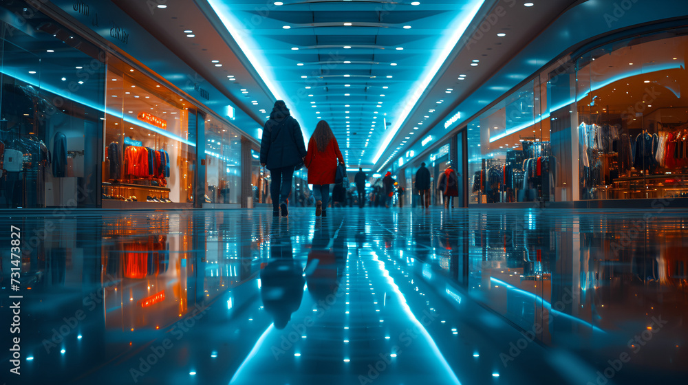 Shopping mall - retail store - low angle shot - neon lights - bakeh ...