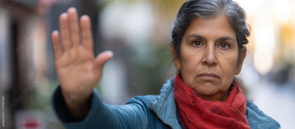 The woman happily gestured with her hand, making a stop sign with her ...