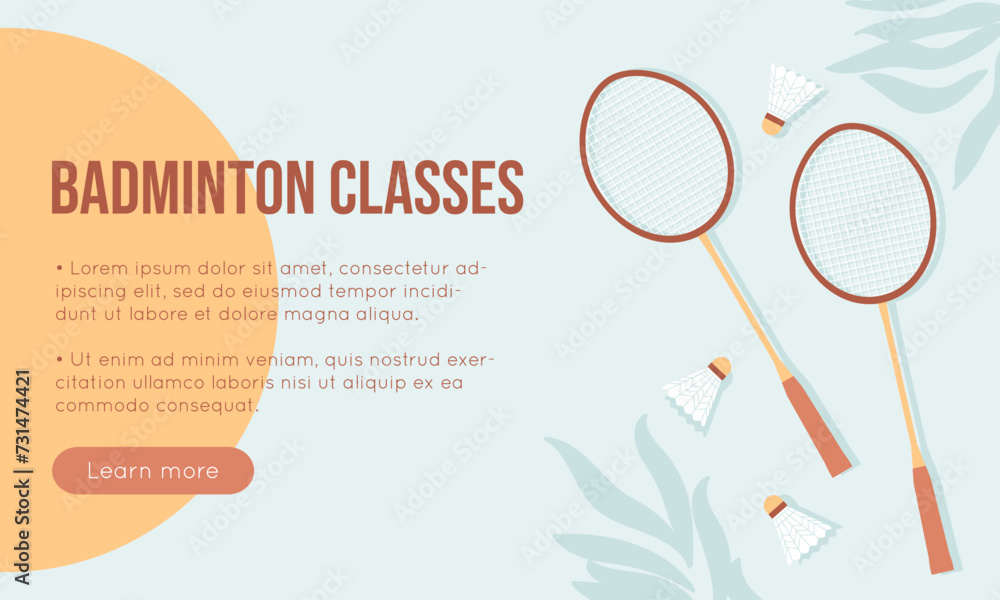 Badminton classes banner with rackets, shuttlecocks, leaves shadows ...