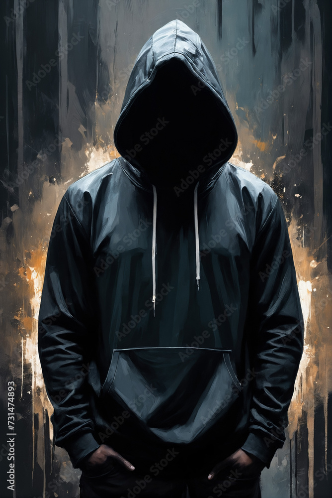 painting of mysterious man in the hood with hidden face at dark ...