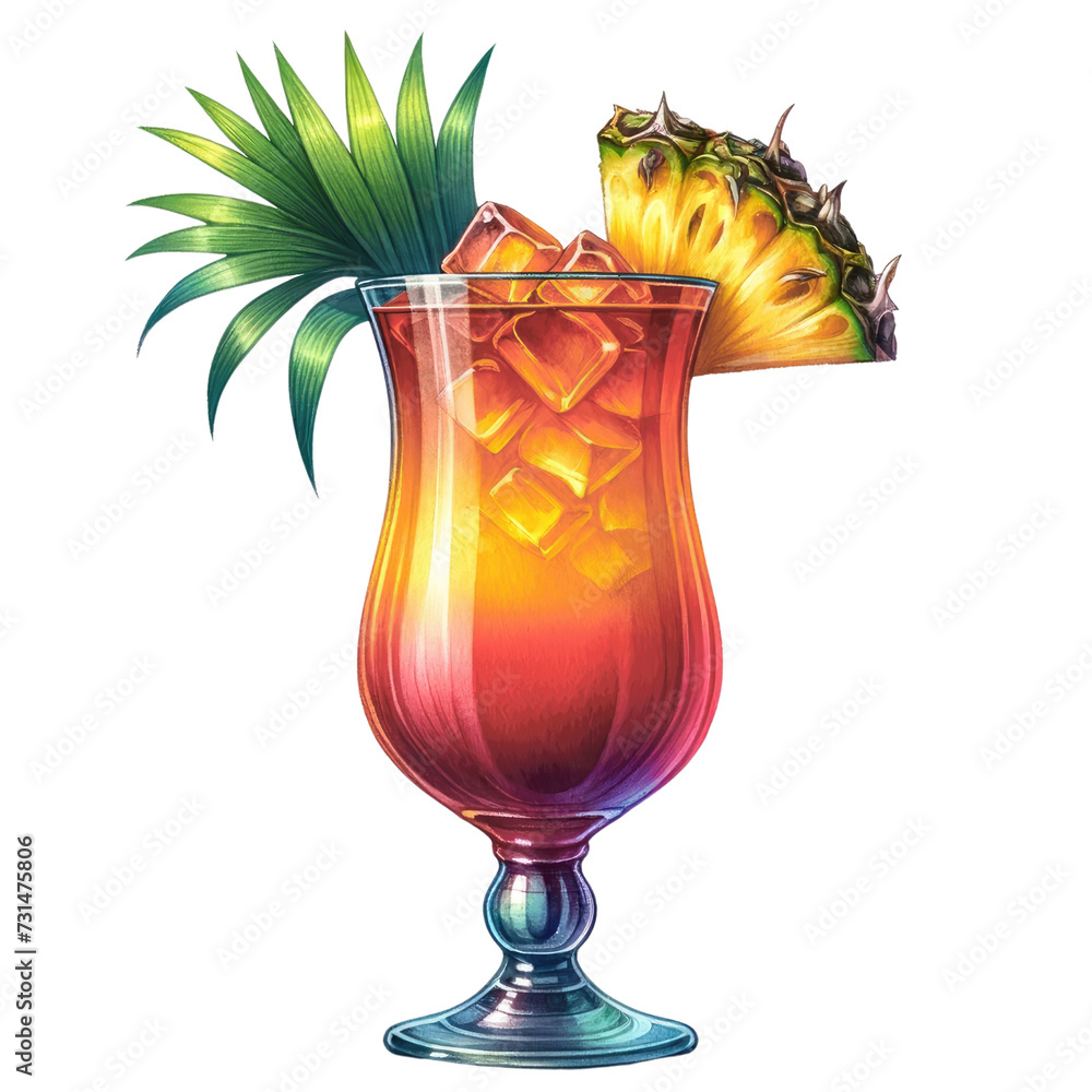 Jungle Bird Cocktail Watercolor Illustration with Pineapple Slice ...