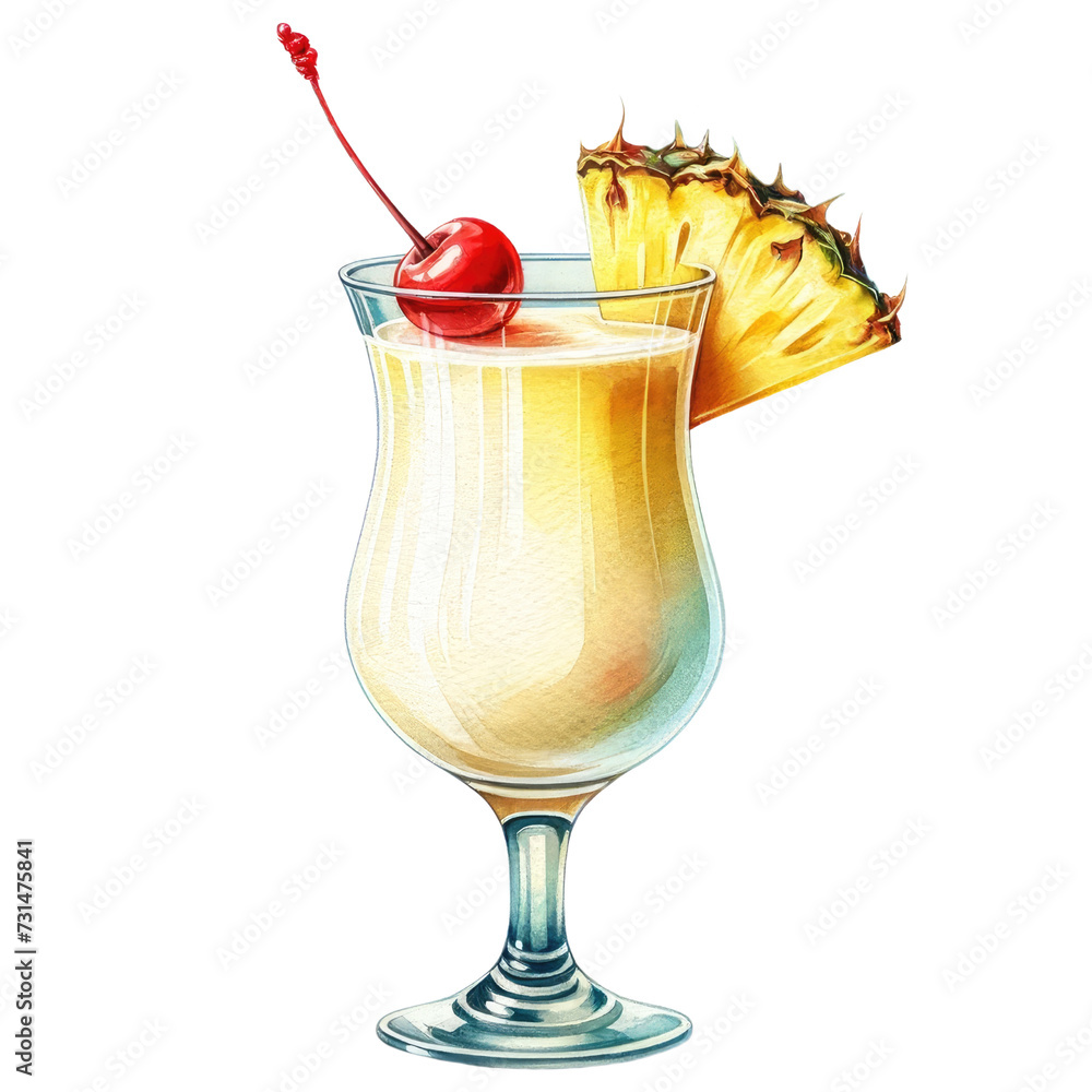 Pina Colada Cocktail Watercolor Illustration with Cherry and Pineapple ...