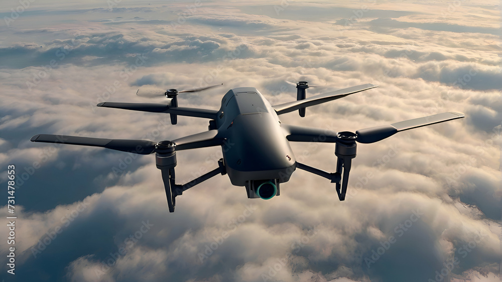 Unmanned military drone flying in the sky above the clouds, American ...