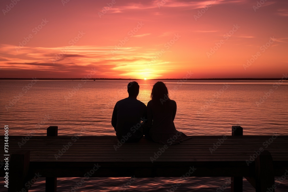 Two People Sitting on Dock, Watching Gorgeous Sunset Over Water ...