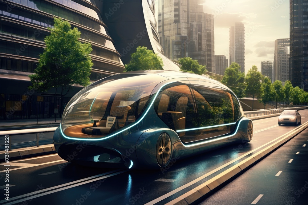 A sleek, high-tech vehicle zips past towering buildings on a bustling ...
