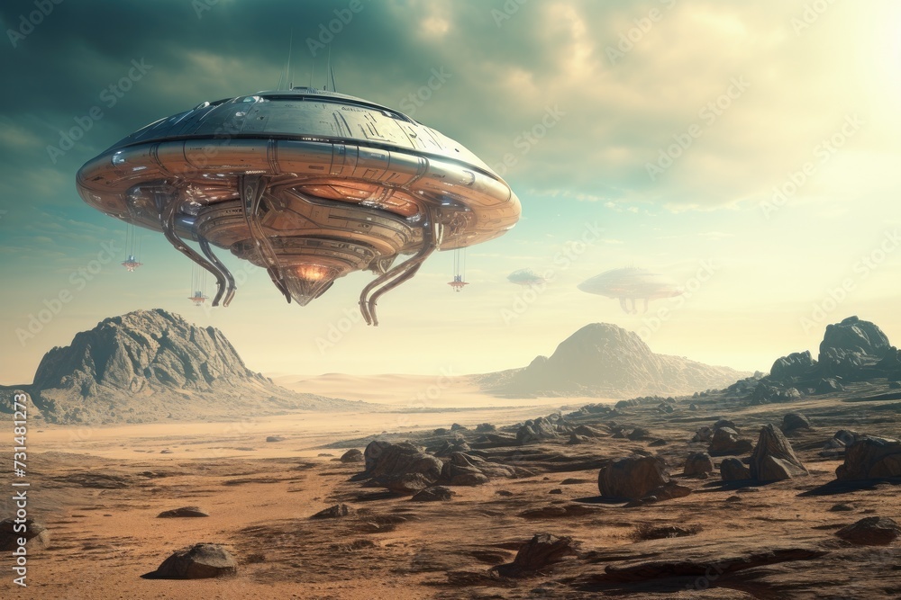 An alien spacecraft soars over a barren desert, leaving behind a trail of mystery and intrigue ...