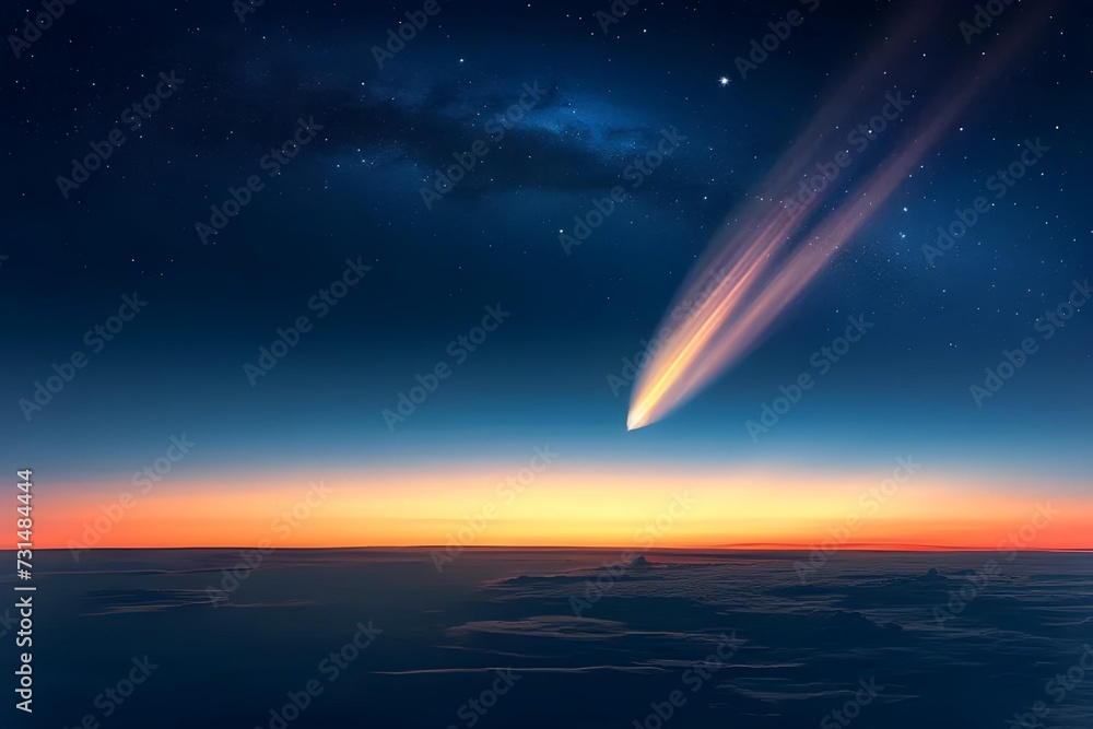 Witness this atmospheric stock image capturing a comet passing Earth, its glowing tail brightly ...