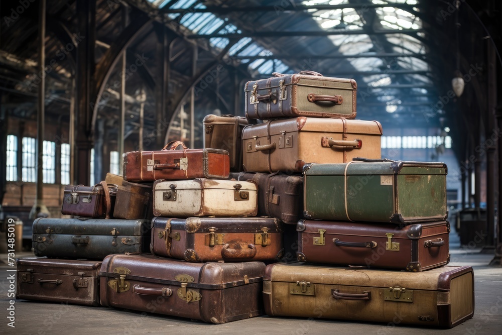 A pile of suitcases in various sizes and colors sitting in a busy train ...