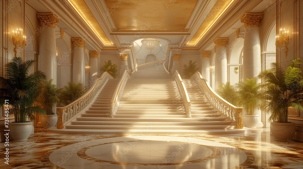 Corridor with columns, Gold carpet and ceremonial VIP staircase. VIP ...