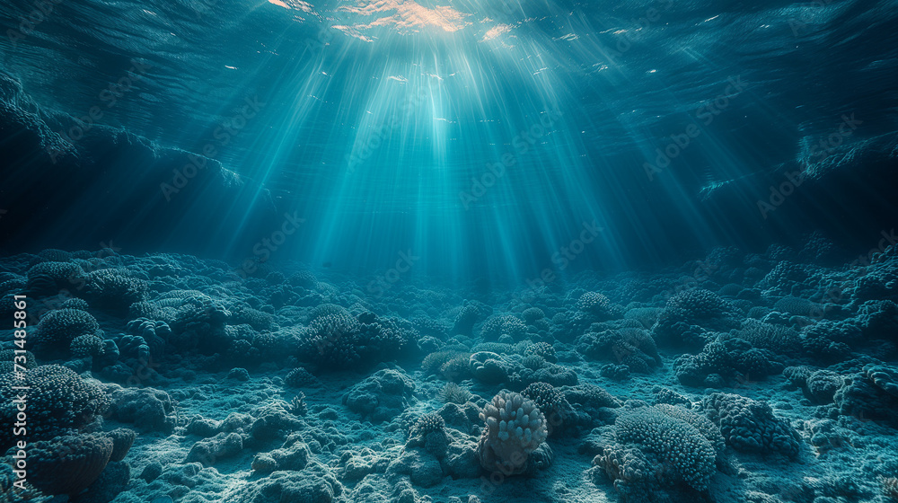 Underwater view of the sea, Underwater shot with sunrays in deep blue ...