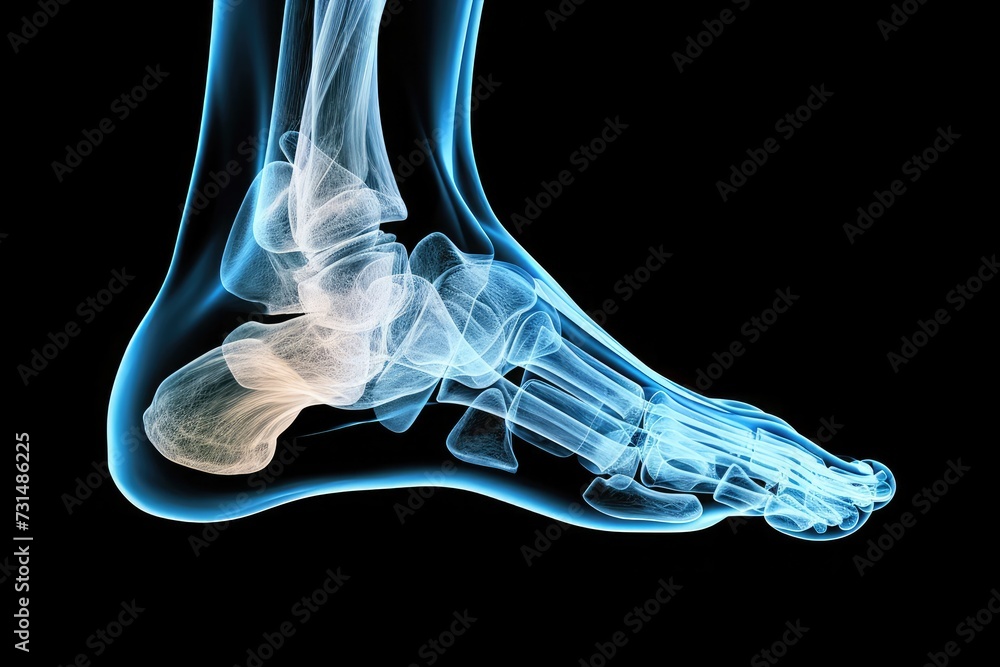 This x-ray image shows the intricate details and structure of a foot, with the bones clearly ...