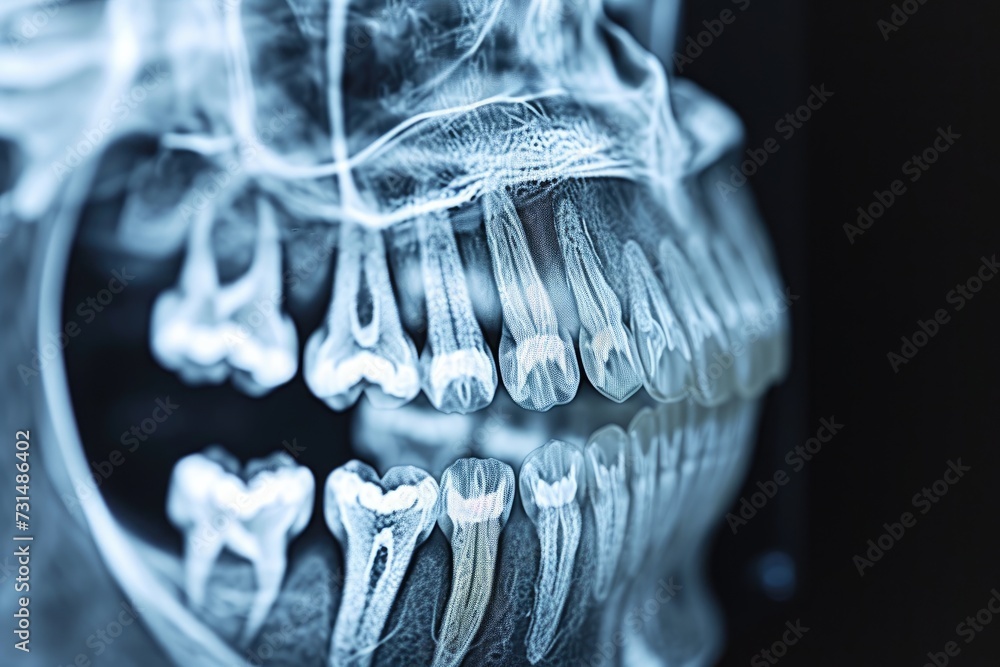 This x-ray image captures the condition of teeth and gums, providing ...