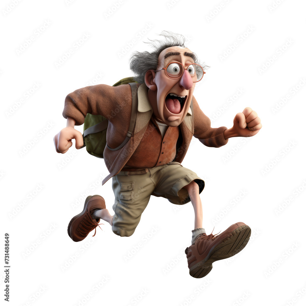 The 3D animation character depicts an old explorer running away from ...