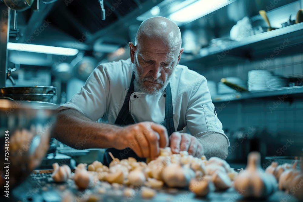 Chef Preparing Garlic Cloves in Professional Kitchen. Focused chef ...