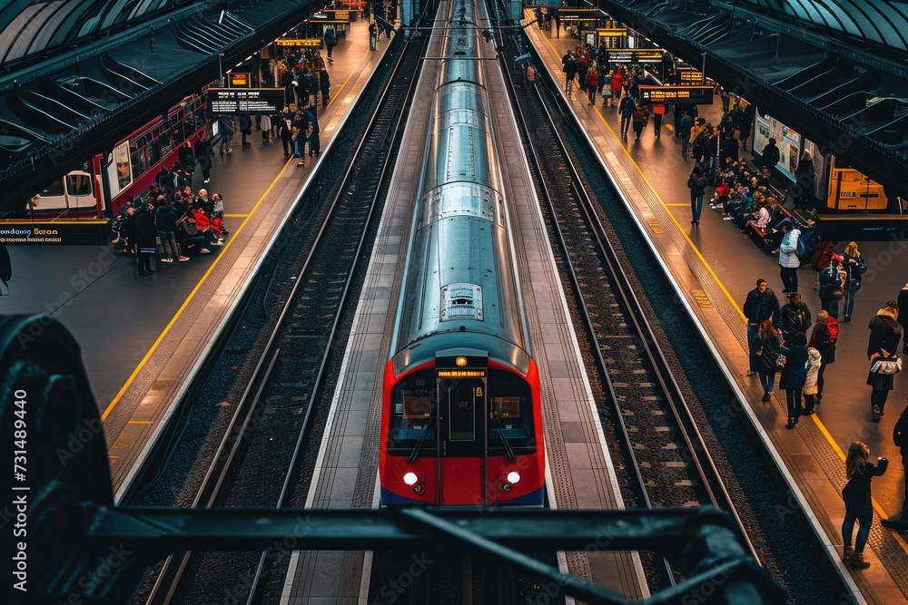 A red train is captured traveling down the train tracks near a bustling ...