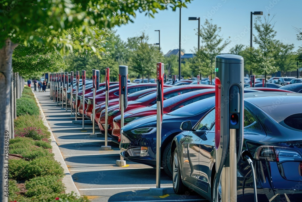 Various cars parked one after another in perfect alignment in a parking ...