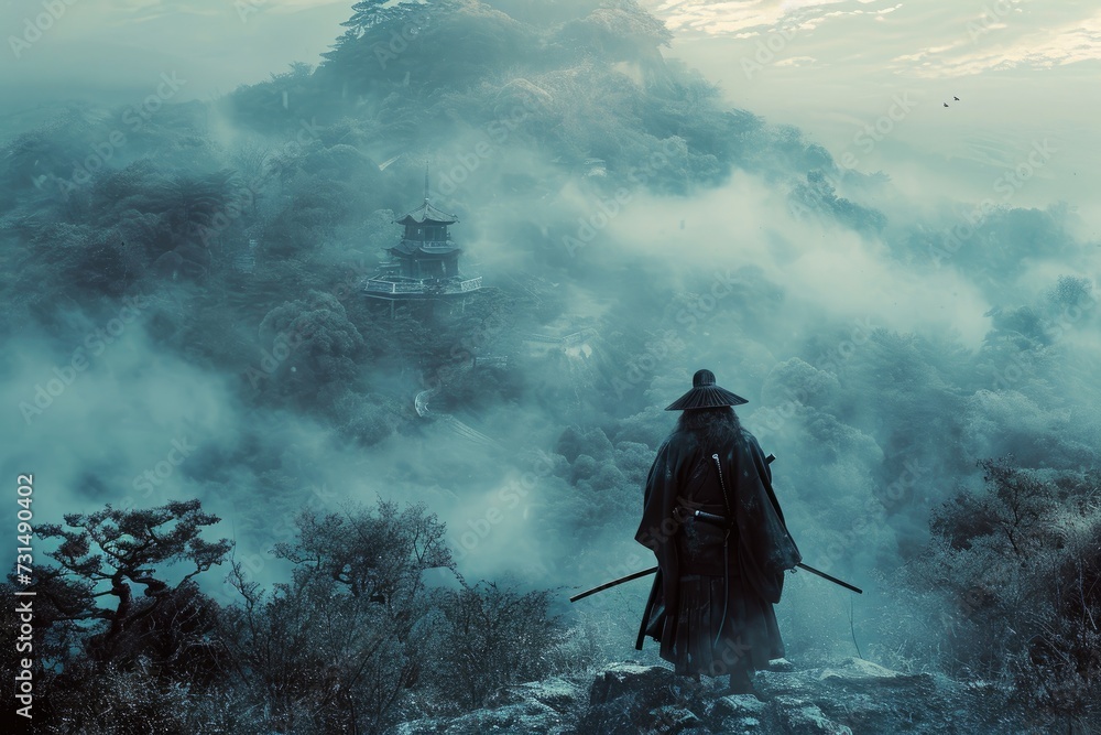 A lone man bravely stands at the summit of a misty mountain, shrouded ...