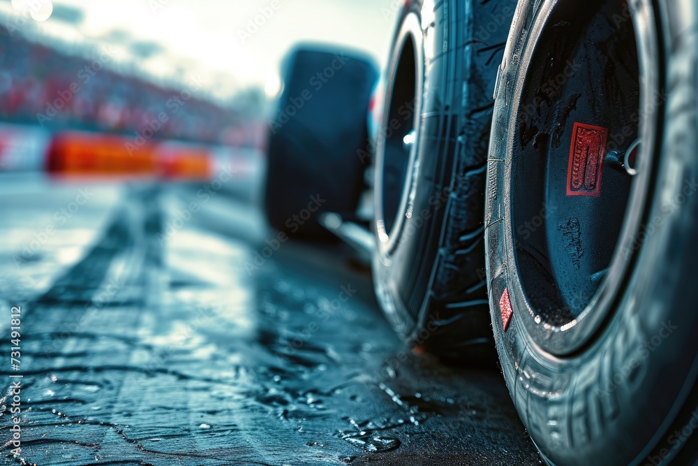 Witness the power of speed as two tires zoom across the race track ...