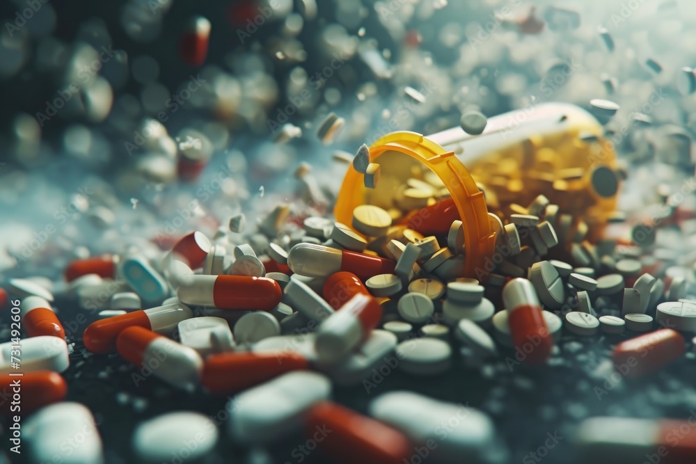 Numerous pills spill out of an open prescription bottle and scatter ...