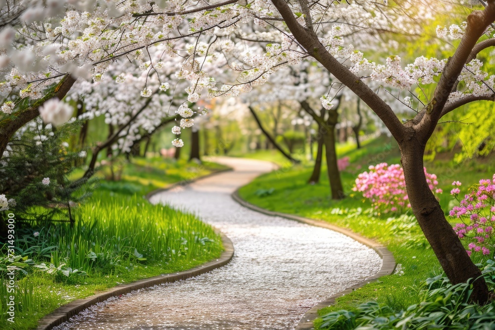 A winding path guides visitors through the vibrant foliage of a lush ...