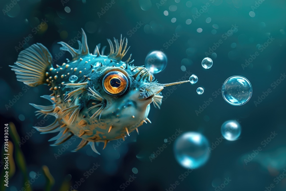 A puffer fish swimming amidst bubbles in the clear water, A whimsical ...