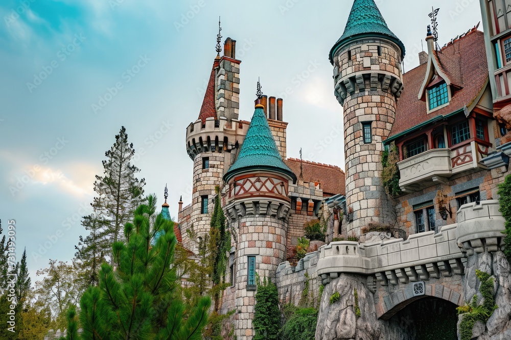 Majestic Castle-Like Building With a Lush Green Roof, A whimsical ...