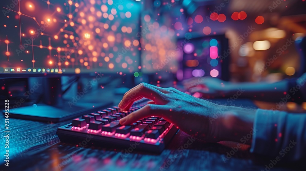 A close-up view captures a programmer's hands as they type on an advanced illuminated keyboard ...