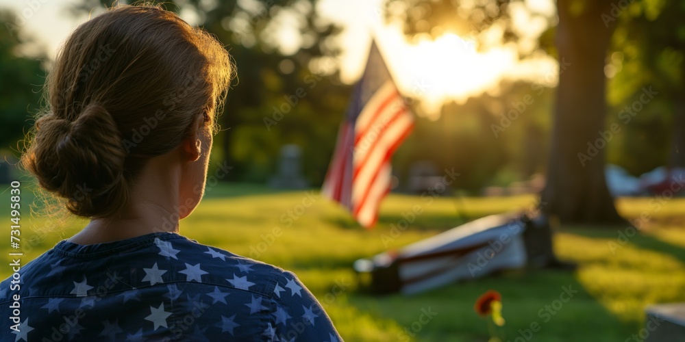 Funeral, cemetery and family with American flag for soldier for respect ...