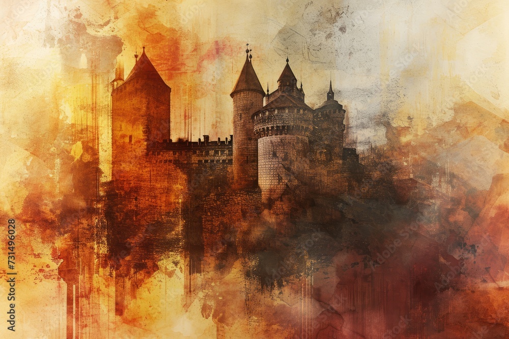 A detailed painting depicting a majestic castle set against a vast sky ...
