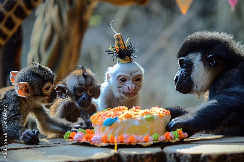 A gathering of several monkeys sitting around a cake, possibly ...