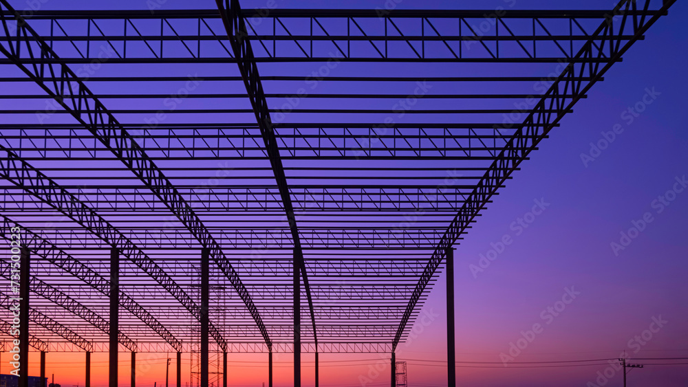 Silhouette curve metal roof beam outline with columns of large factory ...