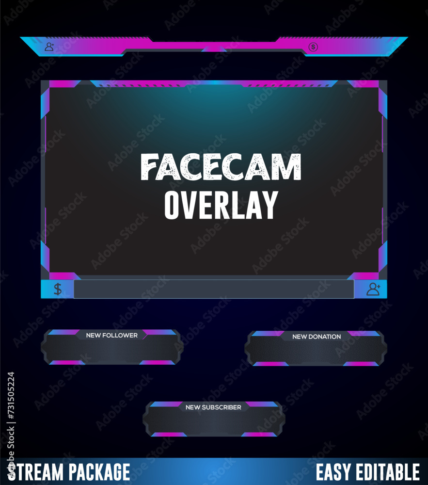 Blue cyberpunk live stream facecam alerts and panels element design for ...