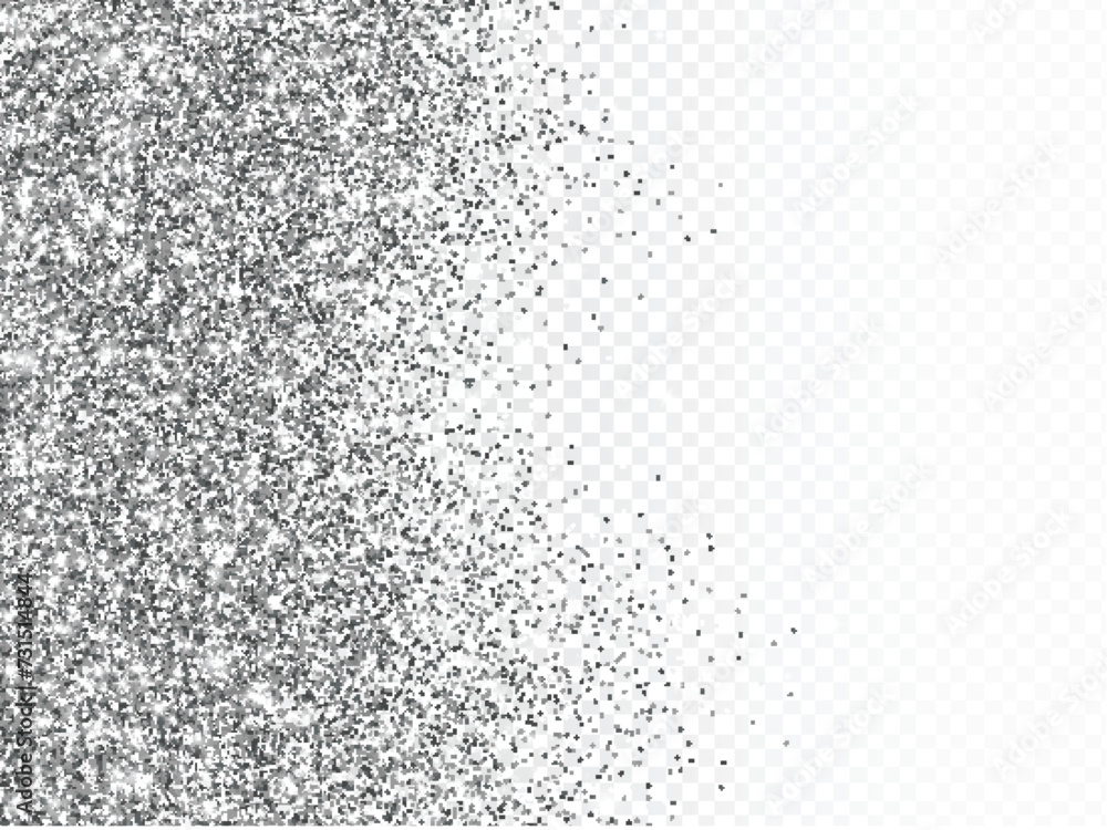 Glitter confetti, snow falling from the side. Vector silver dust, explosion on black background ...