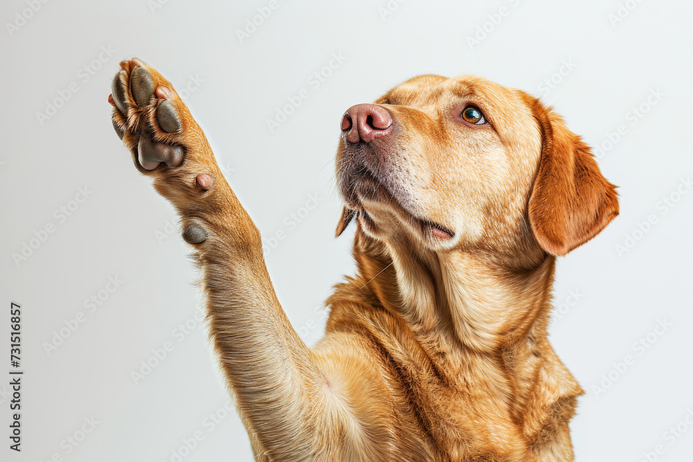 Golden Dog's Paw Salute. A golden-coloured dog with a paw raised in a ...