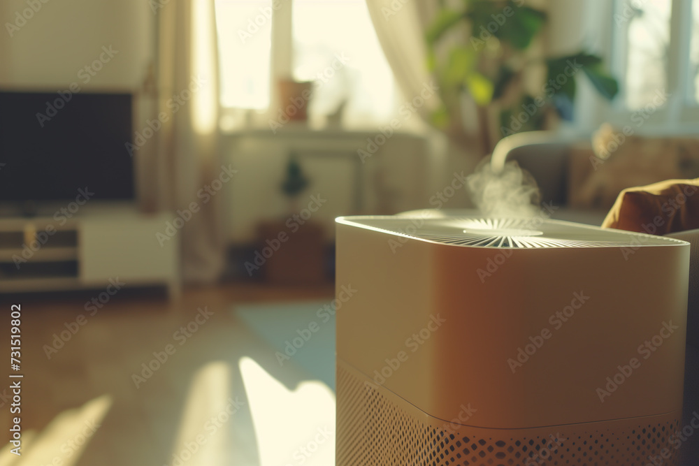 Modern air purifiers are placed in cozy living rooms to ensure fresh ...
