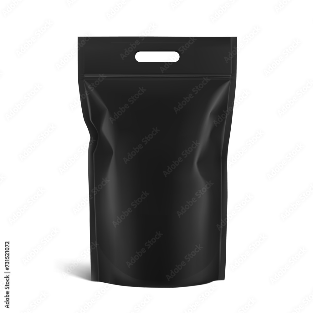 Realistic heavy black stand up pouch bag with handle mockup with shadow ...