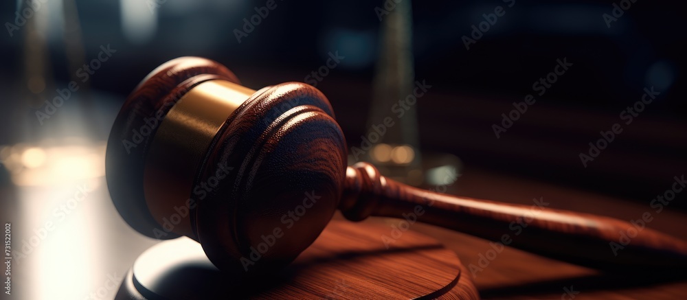 Law theme, mallet of judge, wooden gavel, scale of justice and golden ...