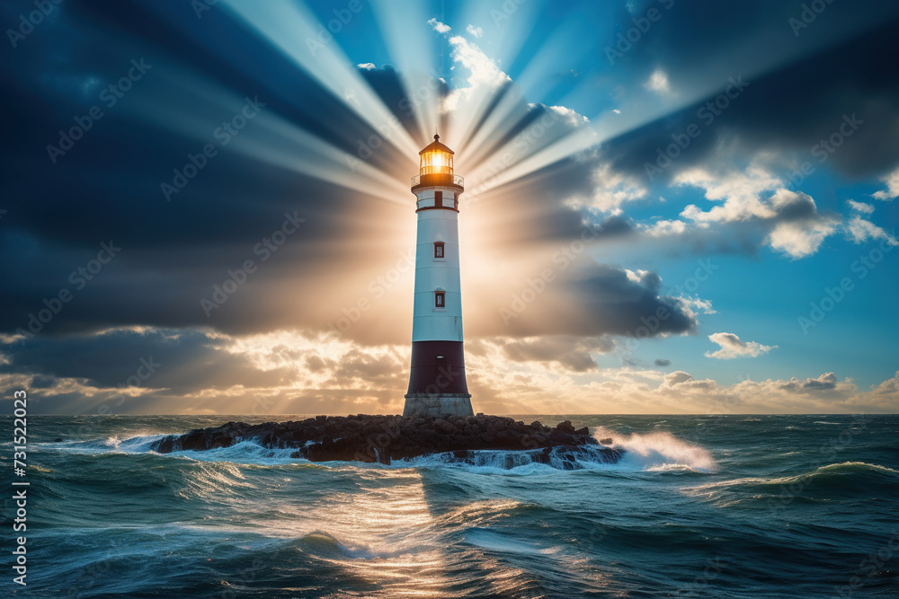 Bright sun rays illuminate the lighthouse in the sea. Symbol of hope ...