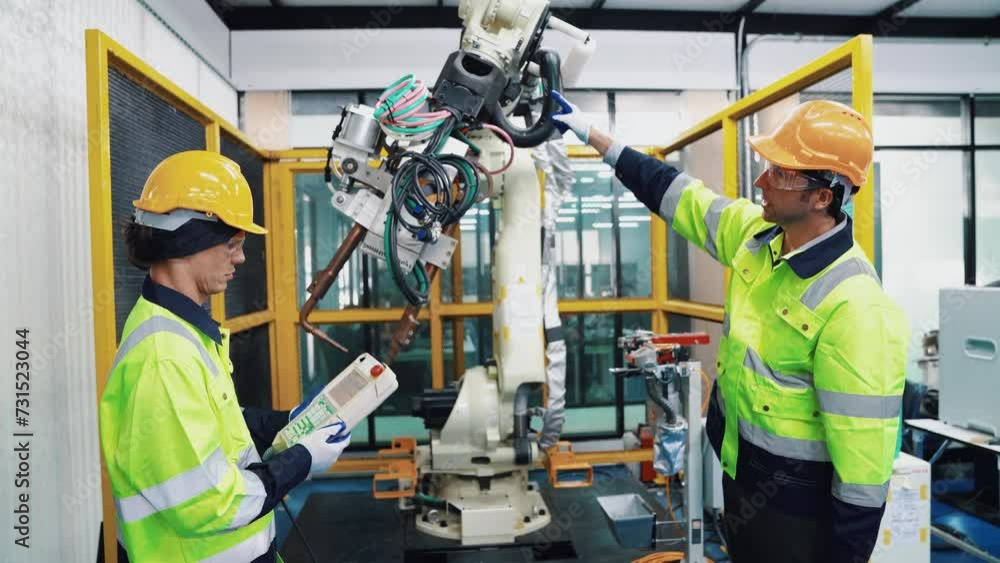 Engineer working and controlling robotics with monitoring system software automation robot arm ...